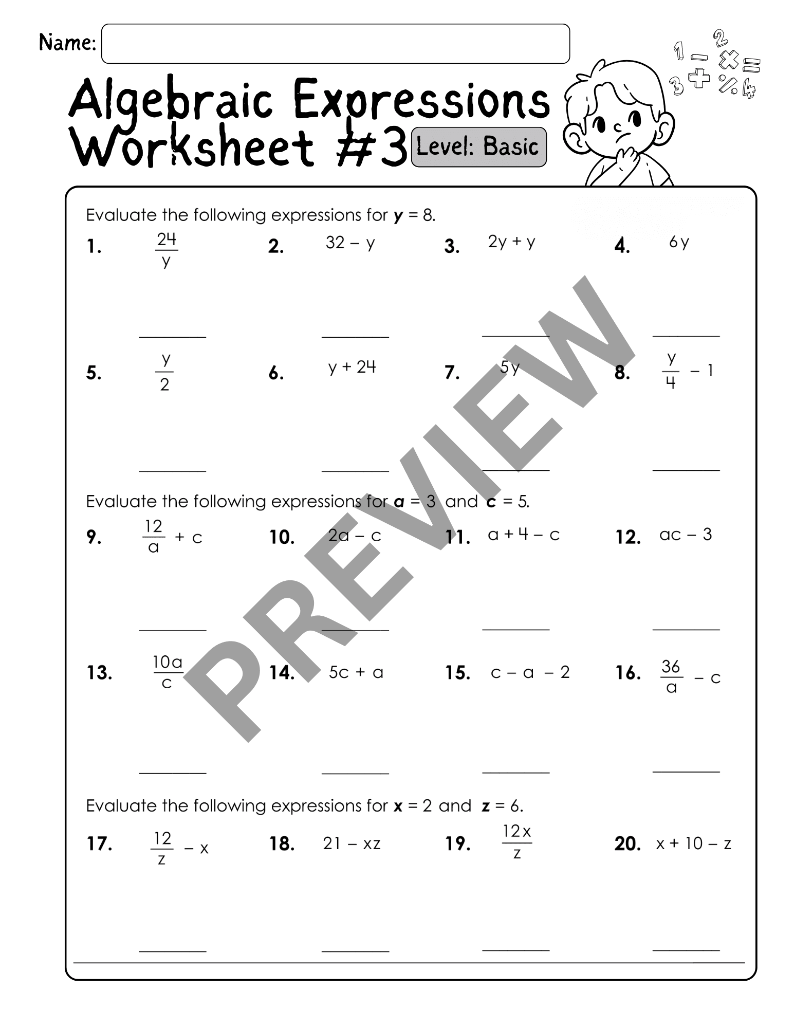 Basic Algebra Worksheets Grade 5