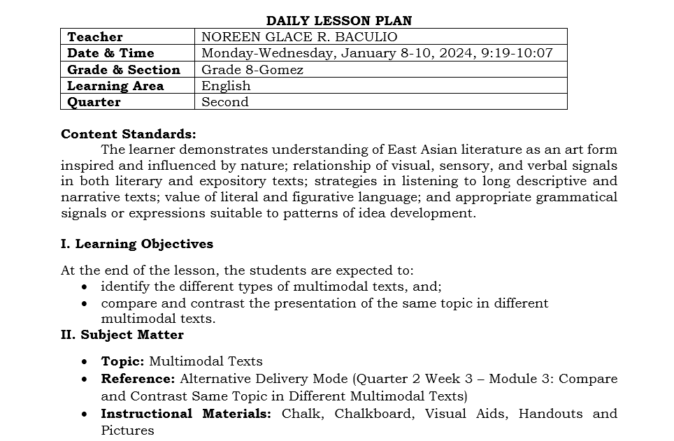 Daily Lesson Plan In Grade 9 English Lesson Plan Abeka 9th Grade