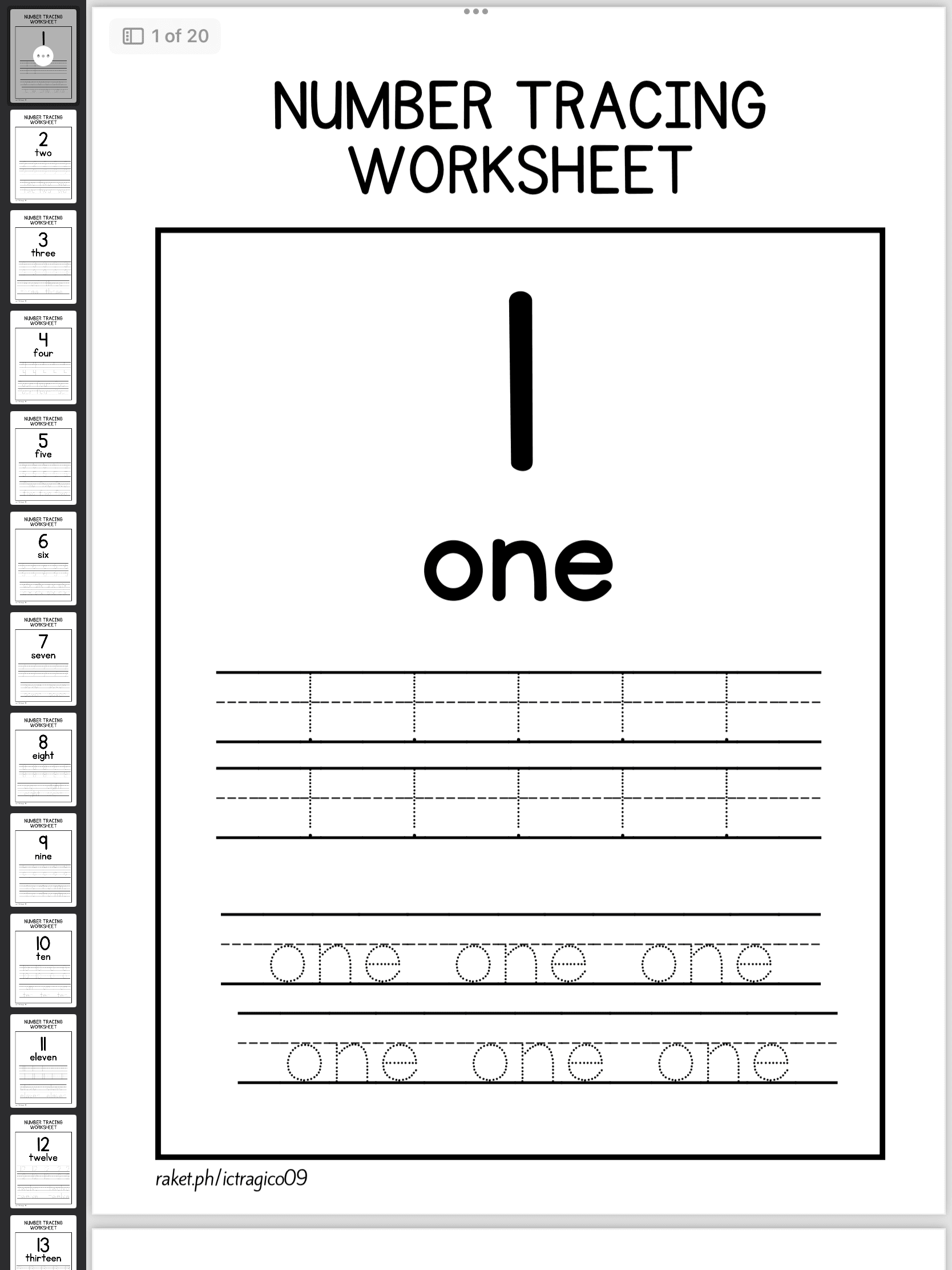 Tracing Numbers 1 20 Worksheet