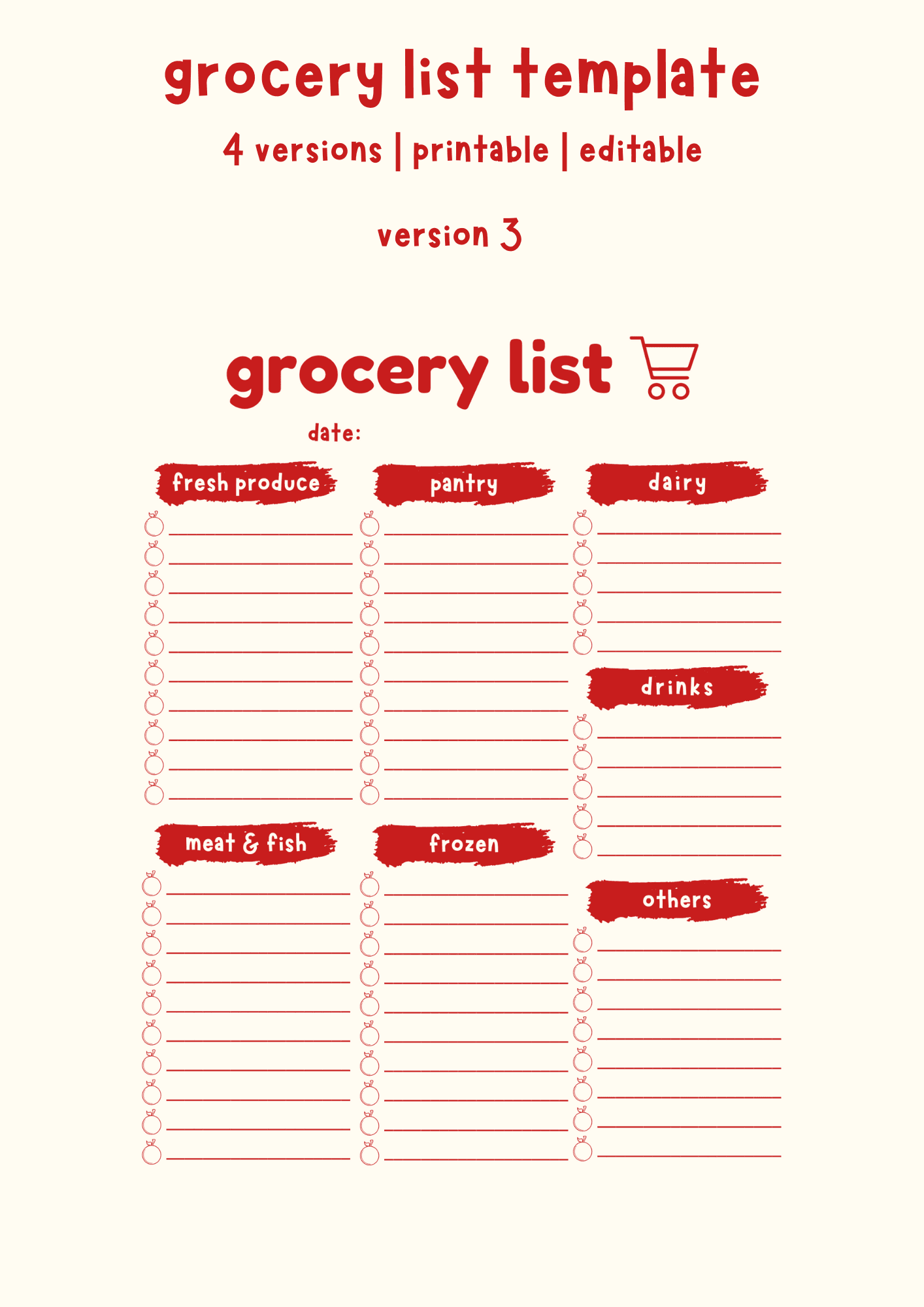 Grocery List Editable Shopping List Printable Grocery List Printable