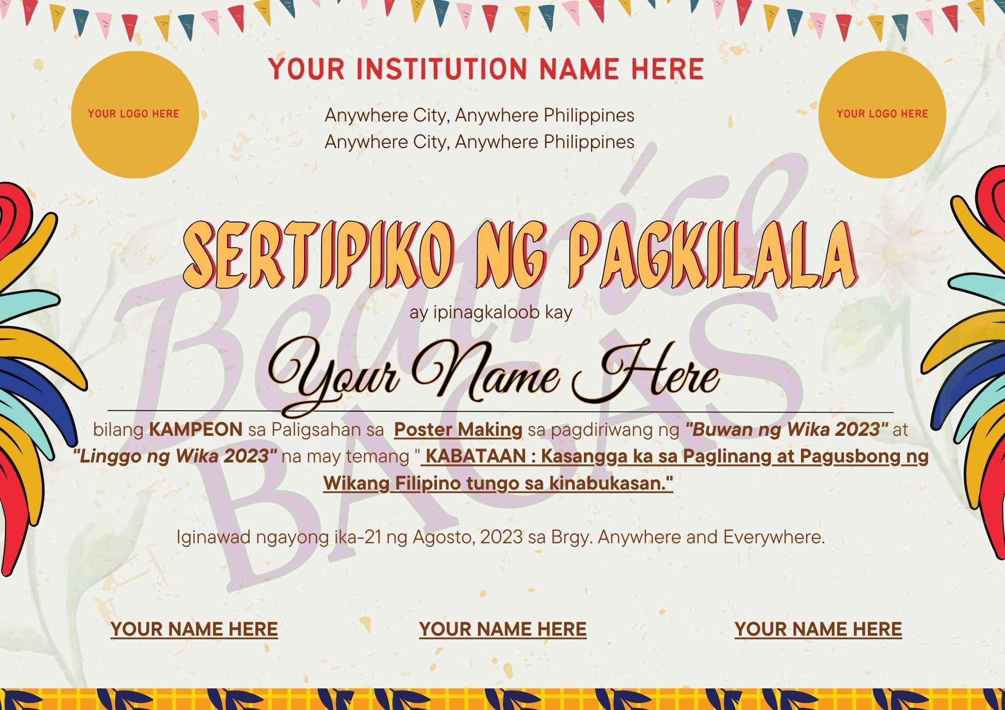 Editable Certificate Template For Buwan Ng Wika