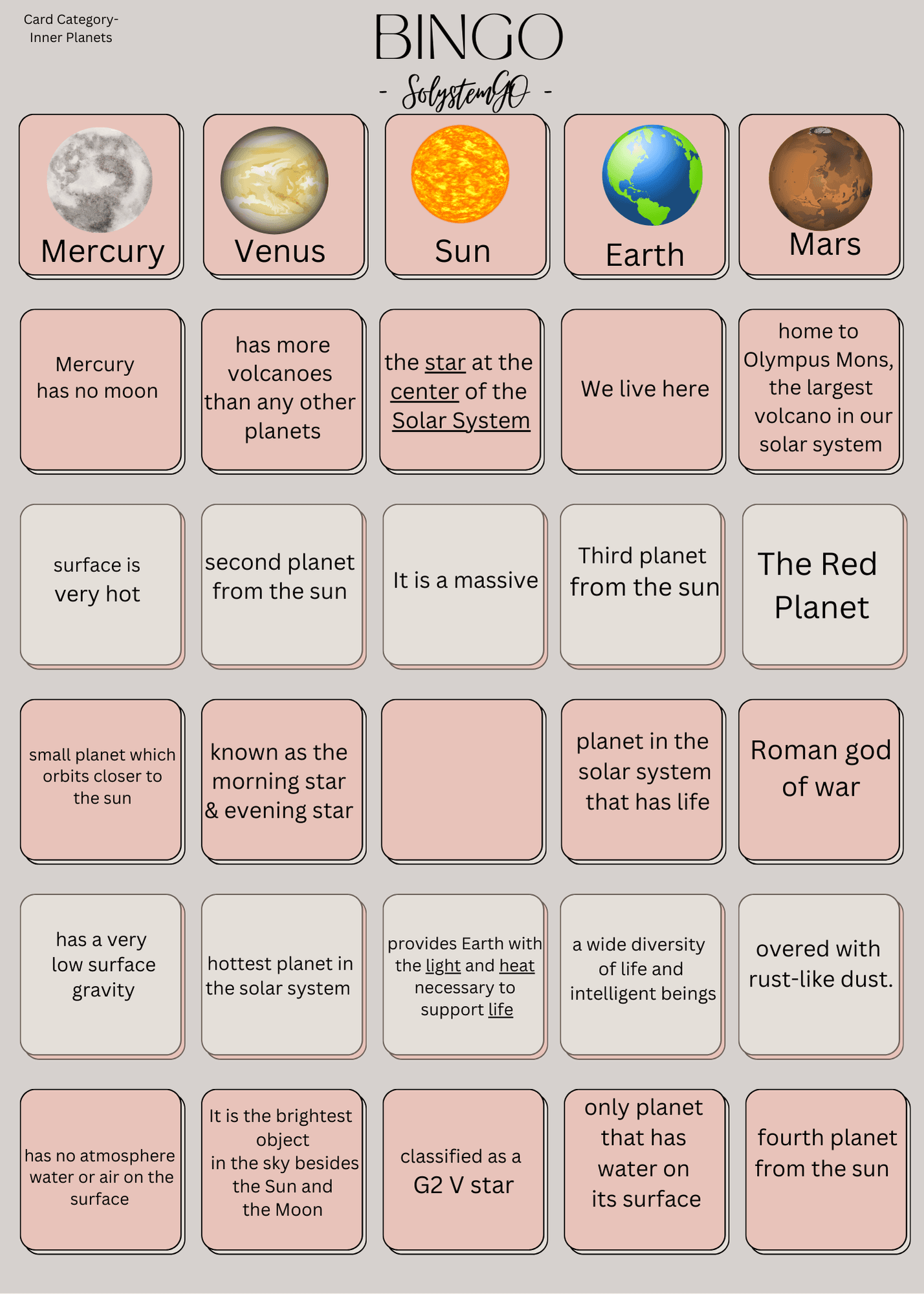 Solar System Bingo Cards