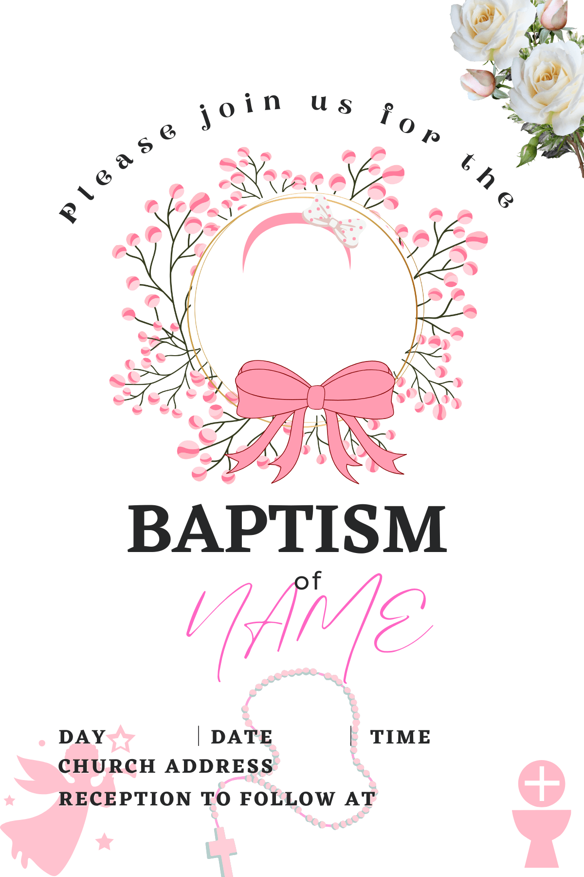 Girl Baptism Invitation Background Editable Pink Floral Baptism