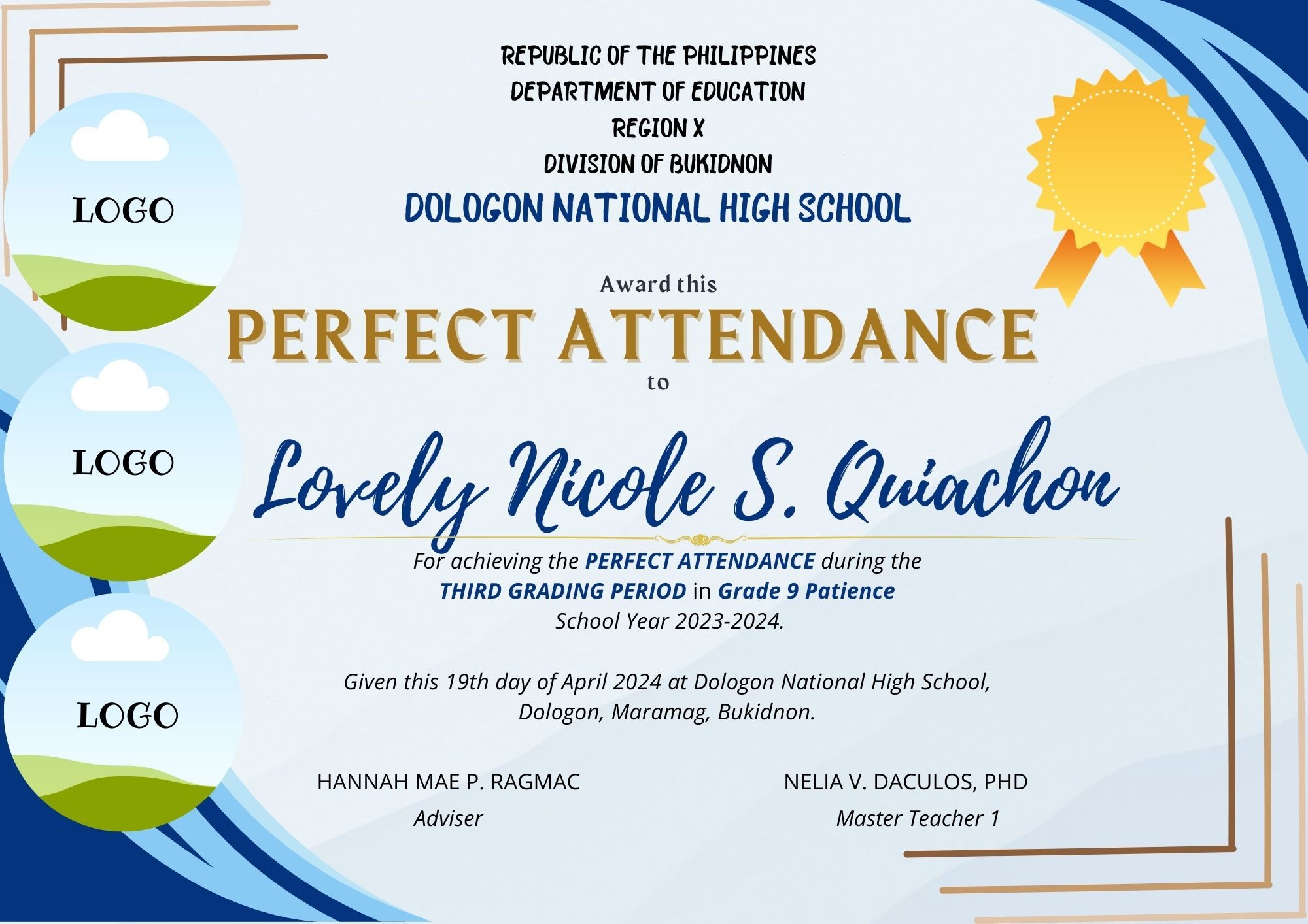 Perfect Attendance Certificate Template Deped Editable