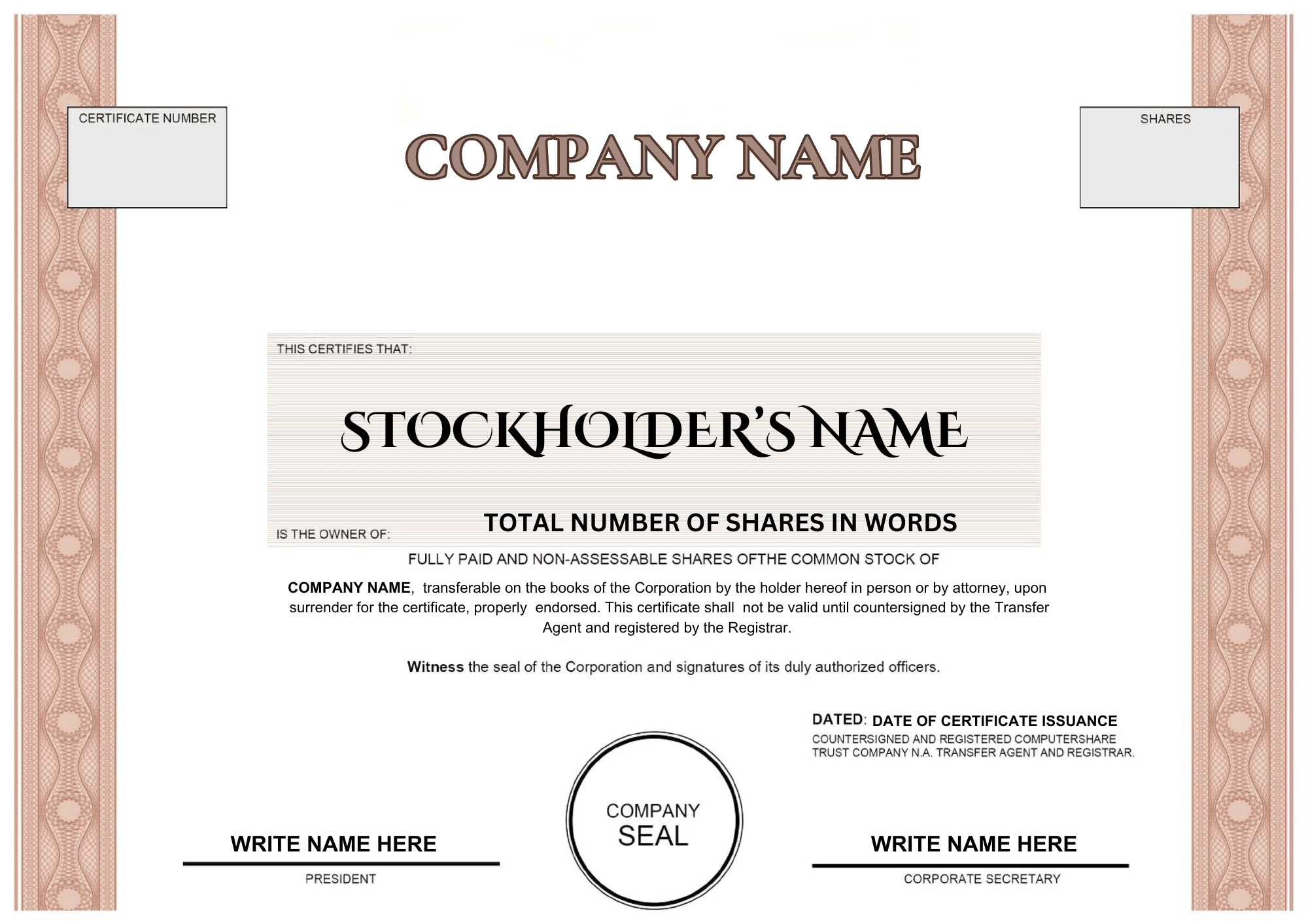 Stock Certificate Format Template