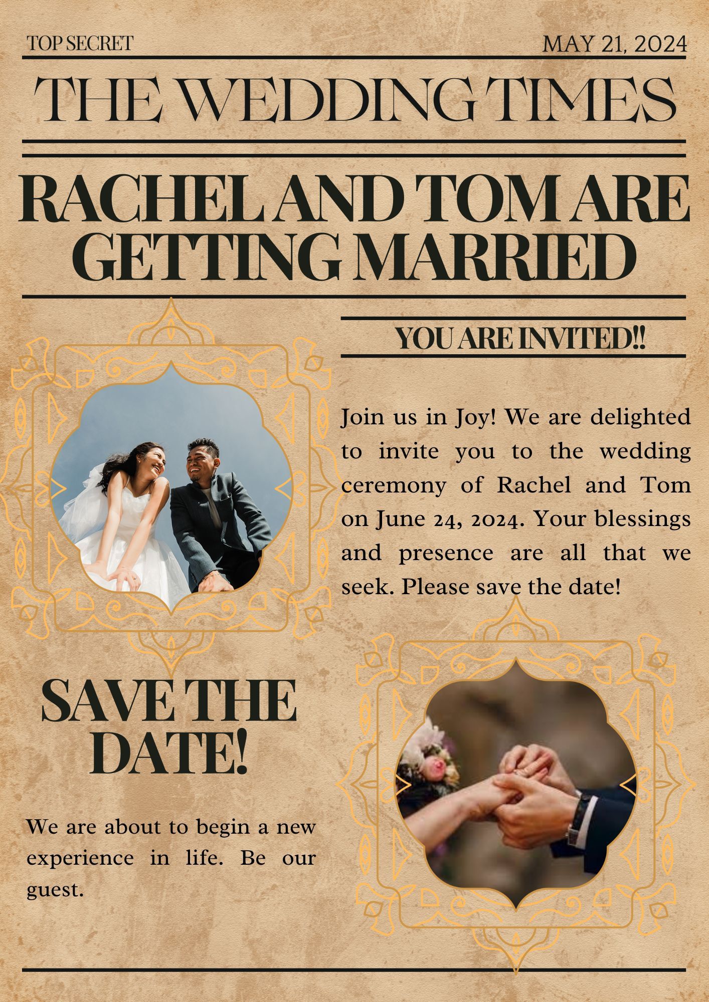 Newspaper style wedding invitations | Beachweddingtips.com
