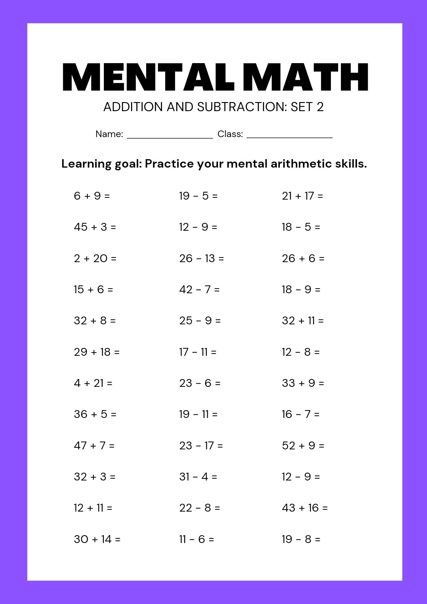 Addition Worksheets Mental Math