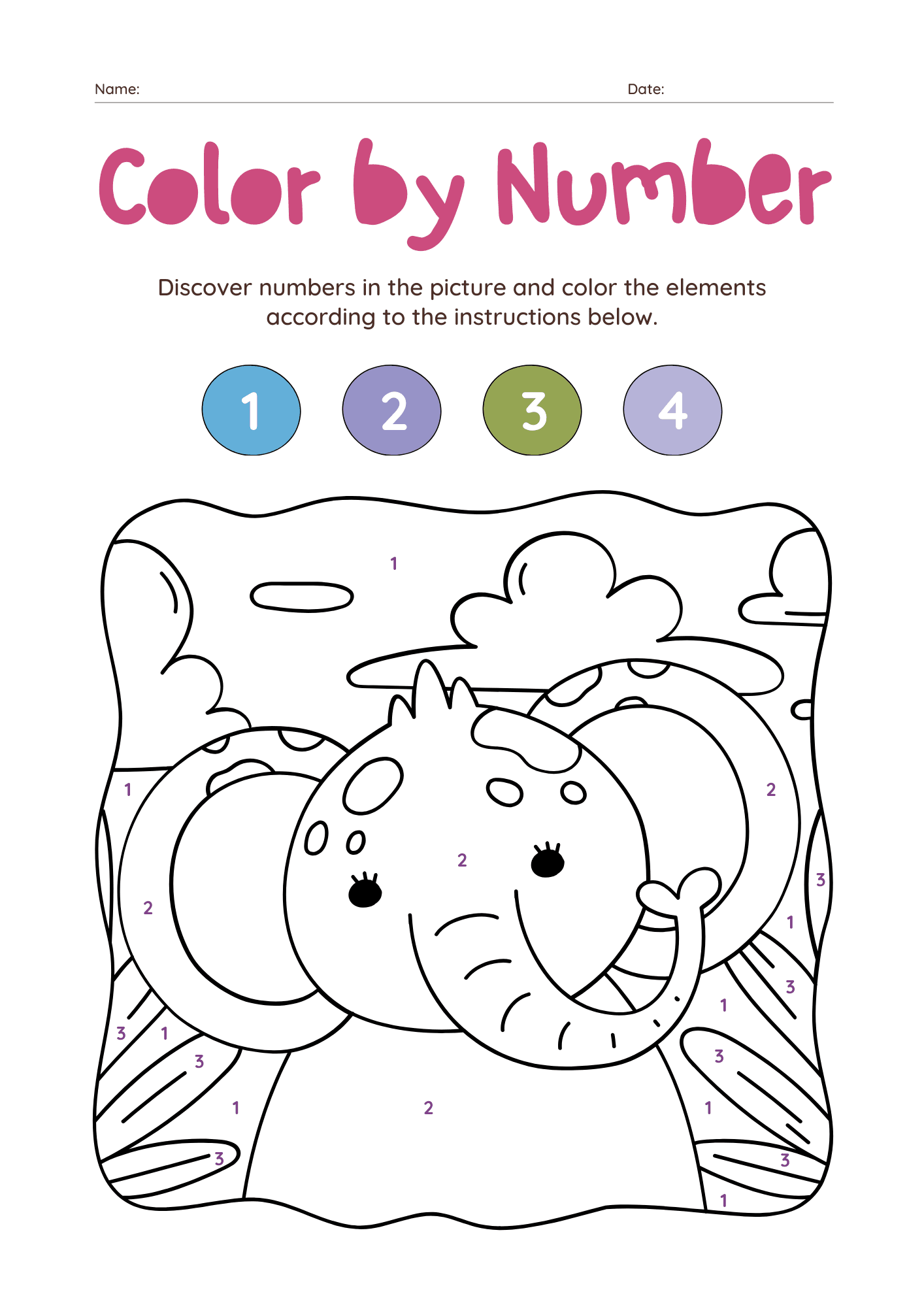 Color By Numbers Elephant Coloring Page For Kids Printable