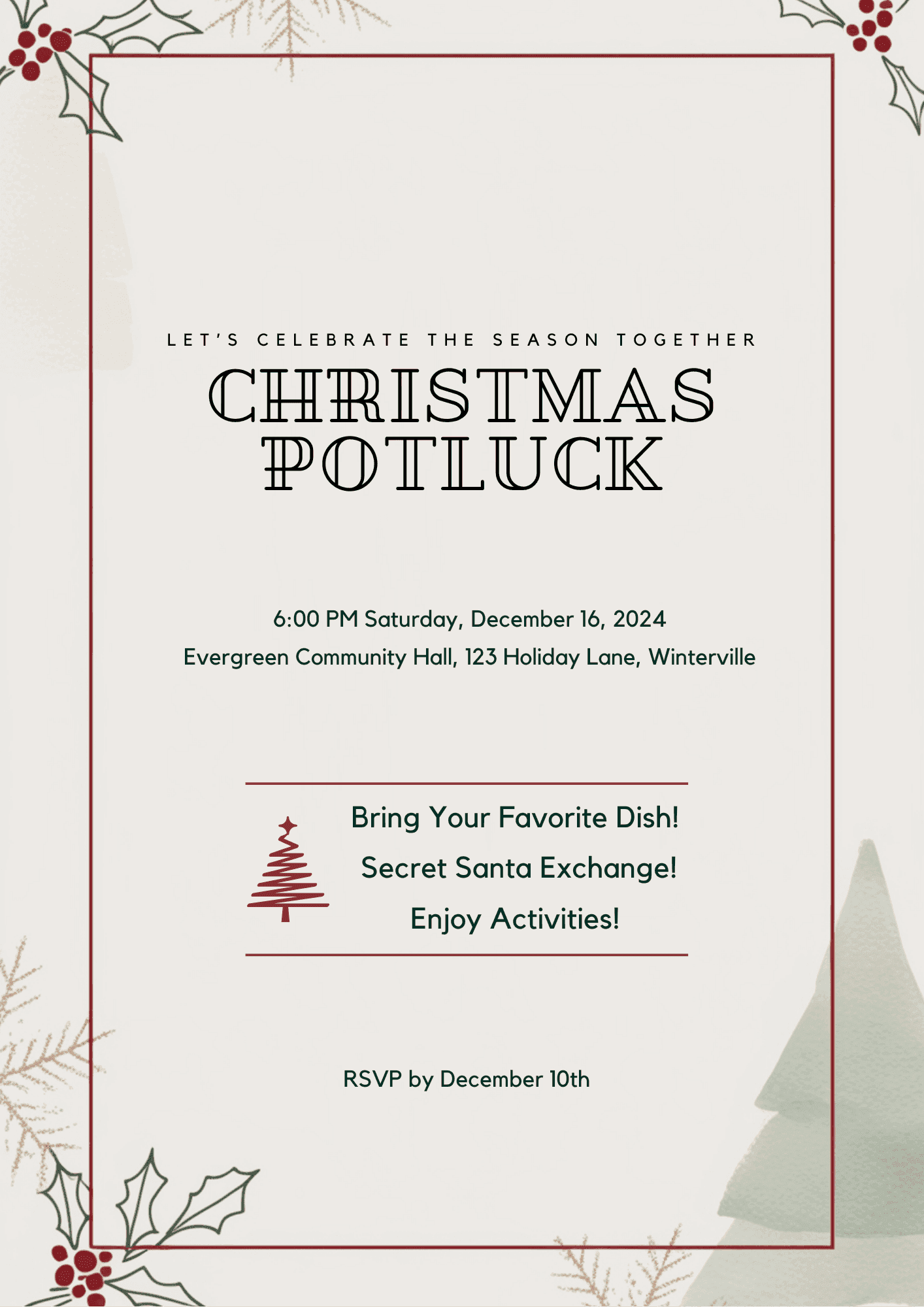 Holiday Party Potluck Invitation Wording Festive Holiday Potluck