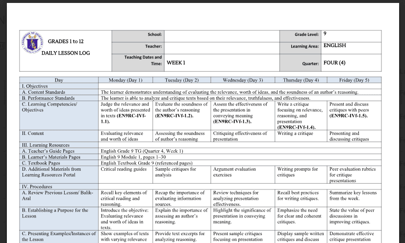 Daily Lesson Plan In Grade 9 English Lesson Plan Abeka 9th Grade