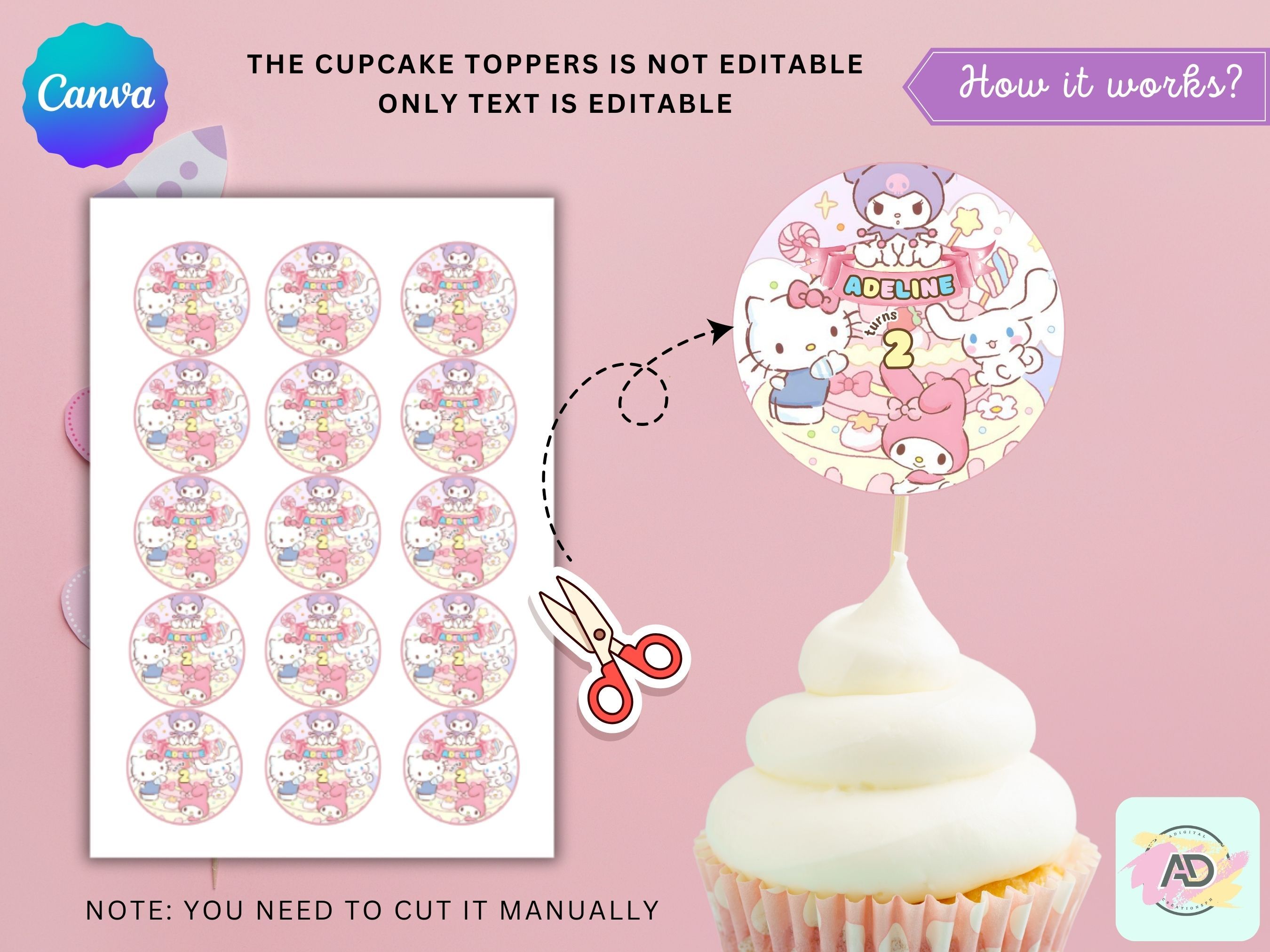 Hello Kitty Cupcake Toppers Printable Buttons, Labels And Toppers