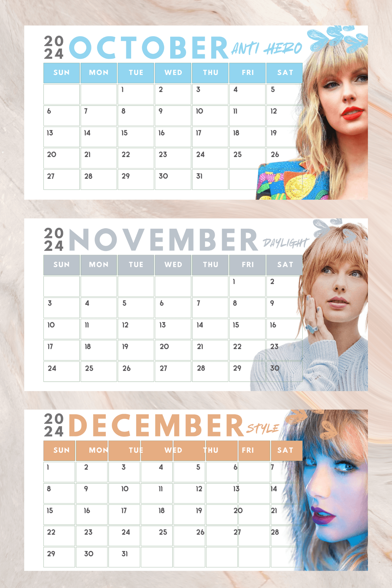 Taylor Swift Printable Calendar