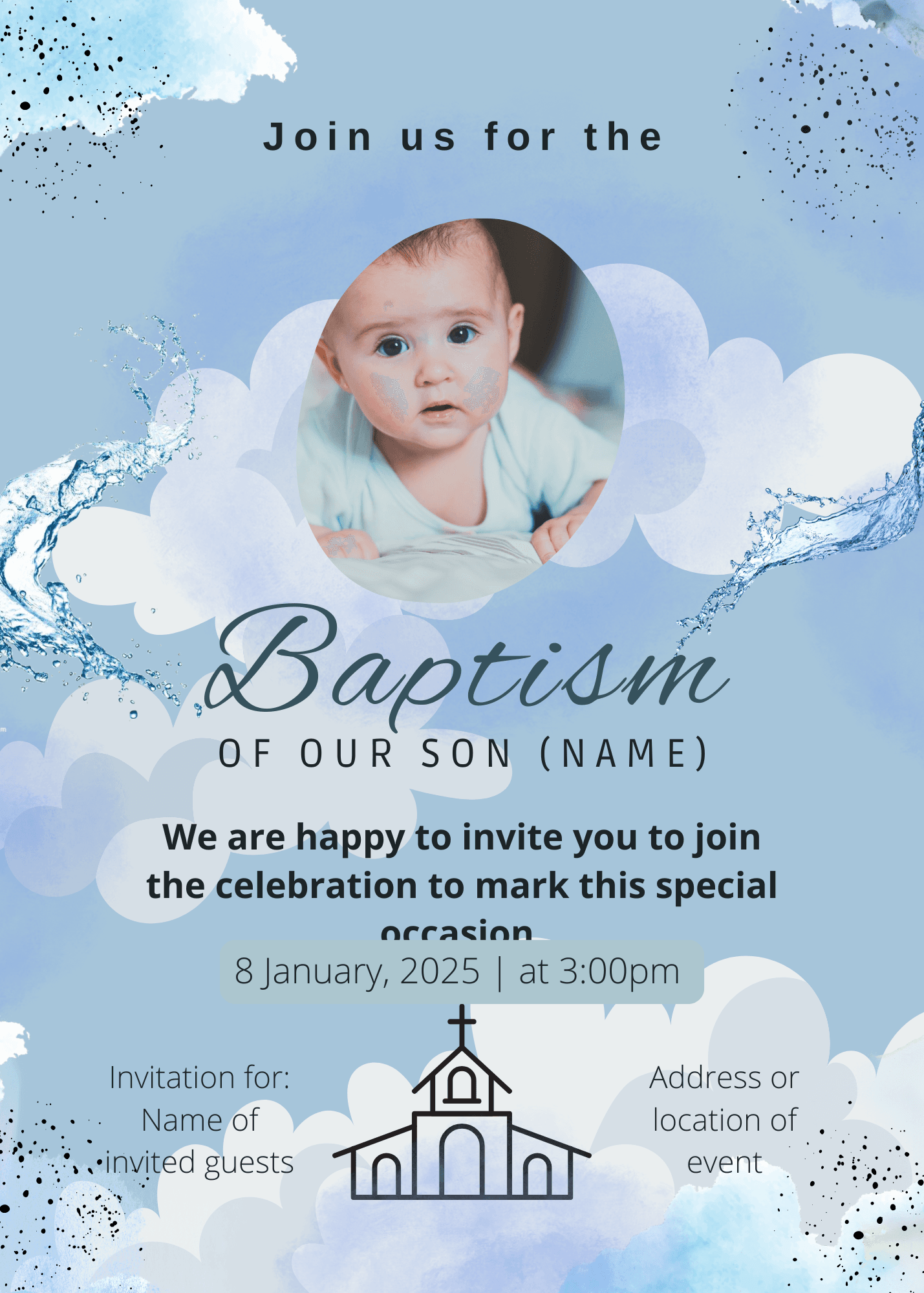 Blue Baptism Invitation Christening Invitations Cute Blue Church