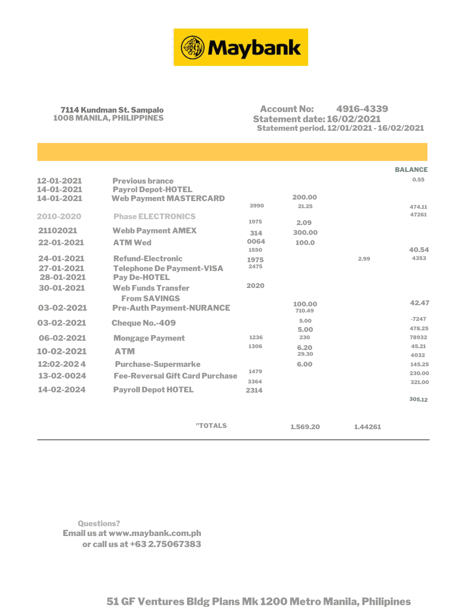 Bank Statement Of Account Template