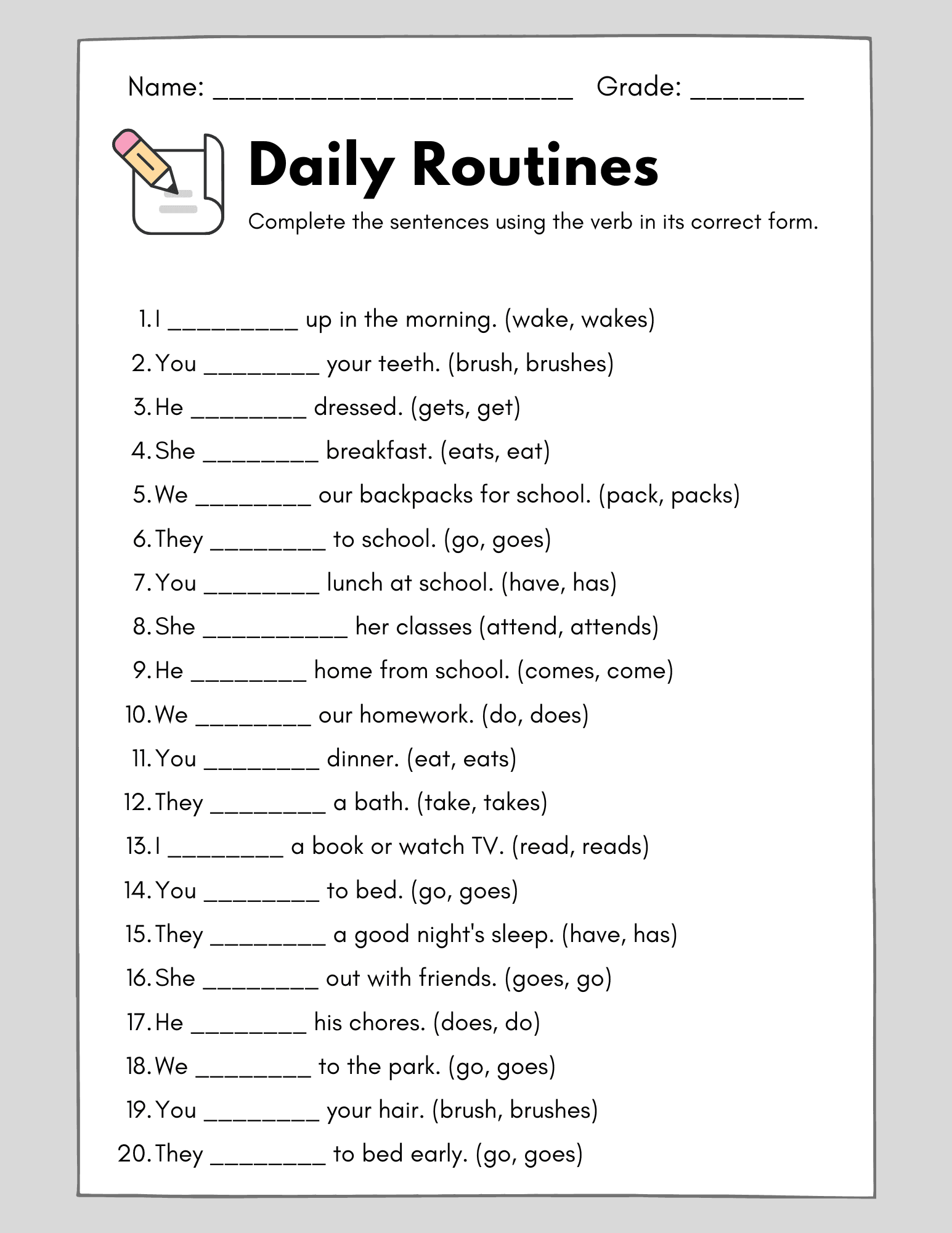 Daily Routines Worksheet