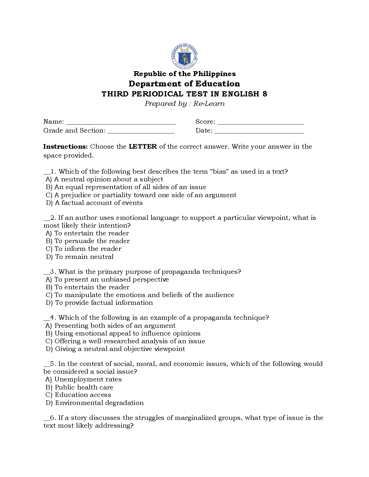 Grade 8 English Topics 3rd Quarter Test - Infoupdate.org