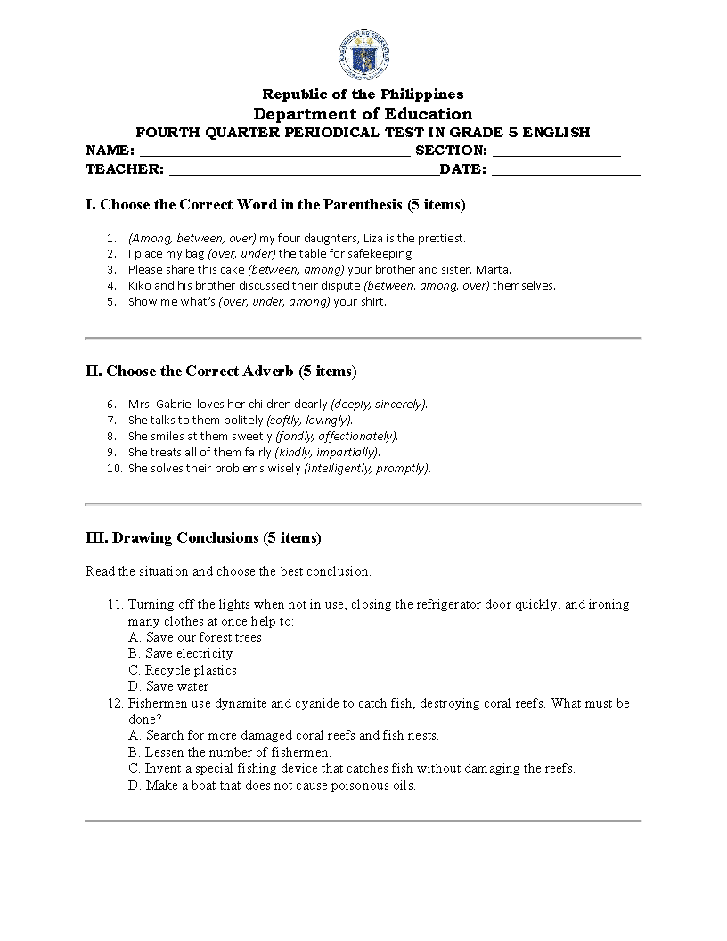 Grade 8 English Topic 4th Quarter Test - Infoupdate.org
