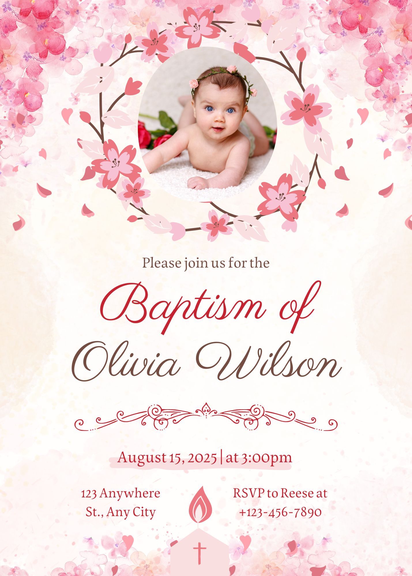 Baptism Invitation Watercolor Elena K. Pink Watercolor Floral Girls
