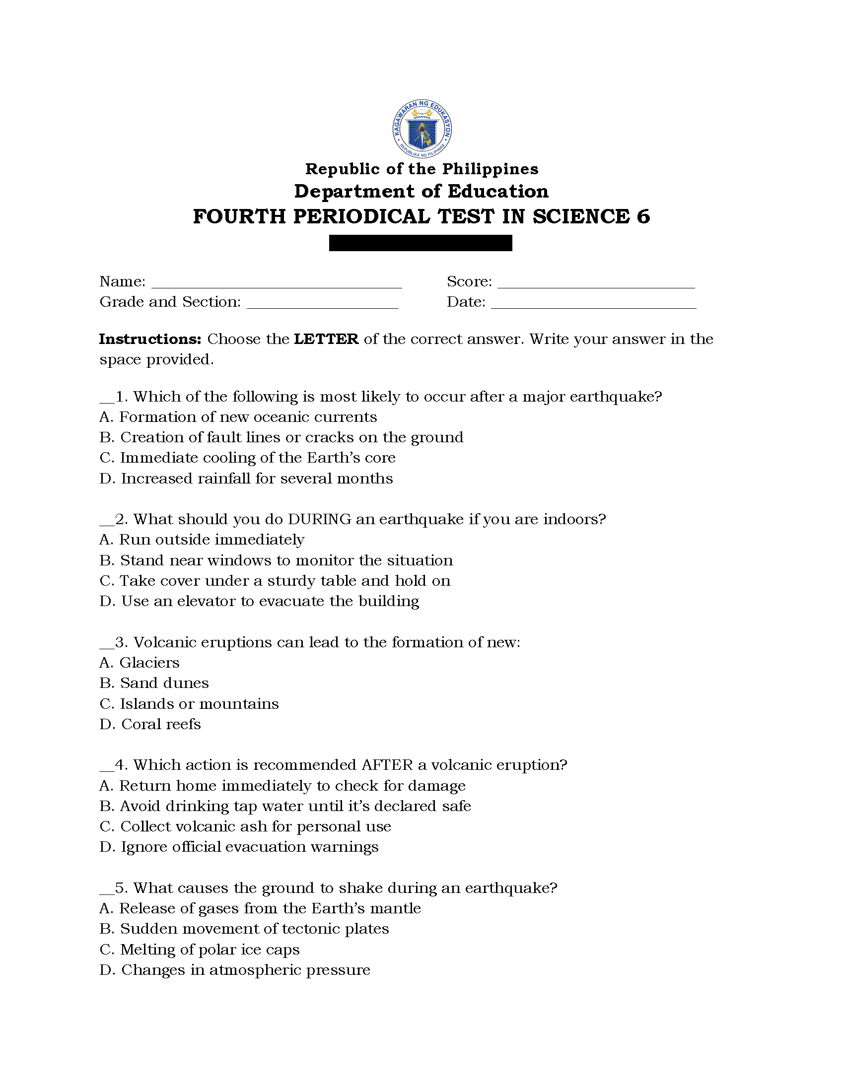 6th Grade Science Benchmark