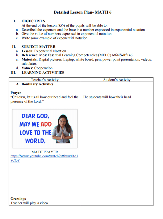 Detailed Lesson Plan In Mathematics 6 Physics
