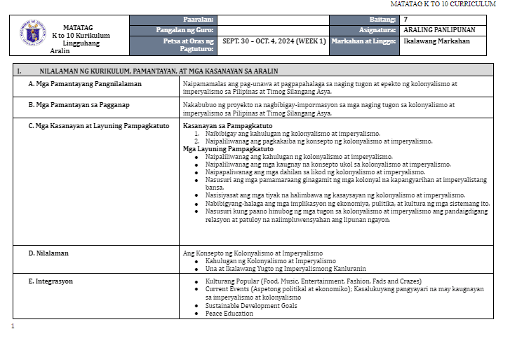 Araling Panlipunan Lesson Plan Template