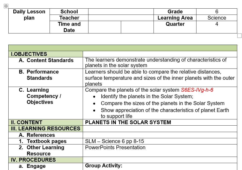 The Solar System Learning About Planets Lesson Plan