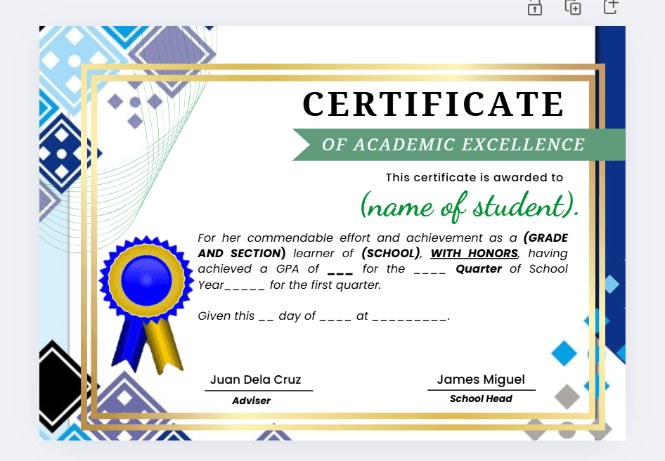 Academic Excellence Certificate