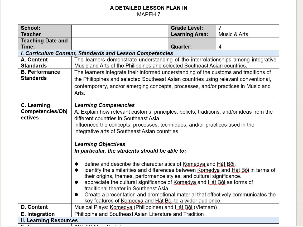 Example Of Detailed Lesson Plan In Mapeh