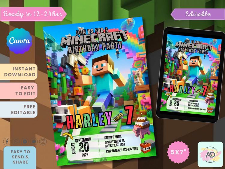 Minecraft Invitations 5x7 Template Minecraft Birthday Party Thank You