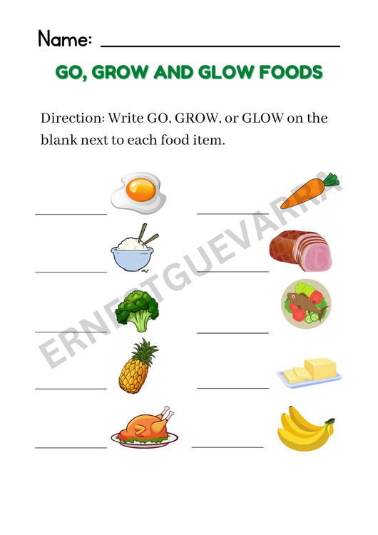 English Worksheets Go Grow And Glow Foods