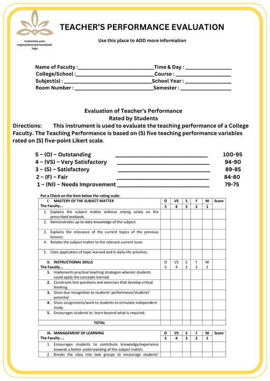 Sample Teacher Evaluation Form Music Instructor Evaluation Form
