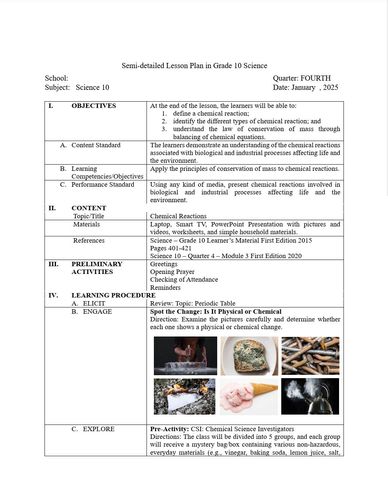 Semi-detailed Lesson Plan (4A's) template with Guide and Example by ...